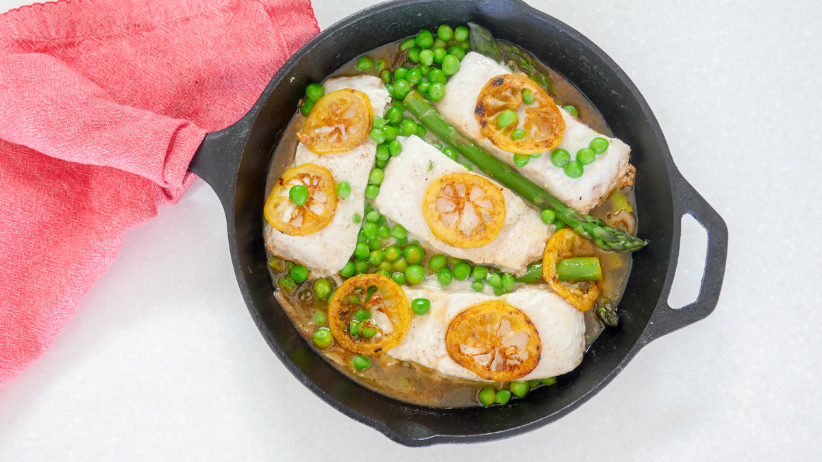 White Wine Braised Halibut with English Peas and Asparagus – Pure Food ...
